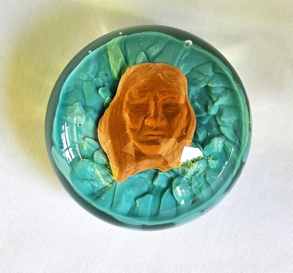 Unsigned EARLY Joe St Clair Glass Paperweight Geronimo Native American ...