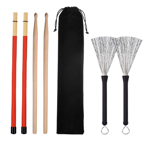Drumsticks Set and 1 Pair Rods Drum Brushes for Drums Jazz Folk Music ...
