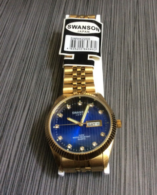 SWANSON Men's Watch Blue Date Dial Crystal Hours on Gold Link Band ...