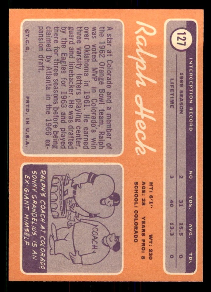 1970 Topps Football #127 Ralph Heck NM | eBay