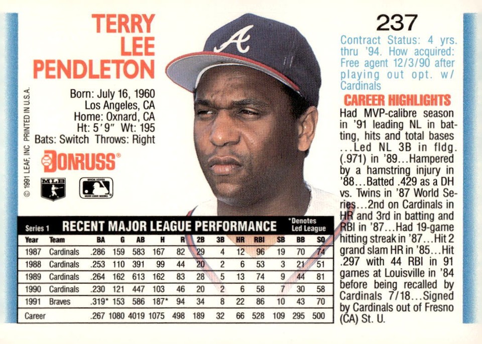1992 Donruss #237a Terry Pendleton | eBay