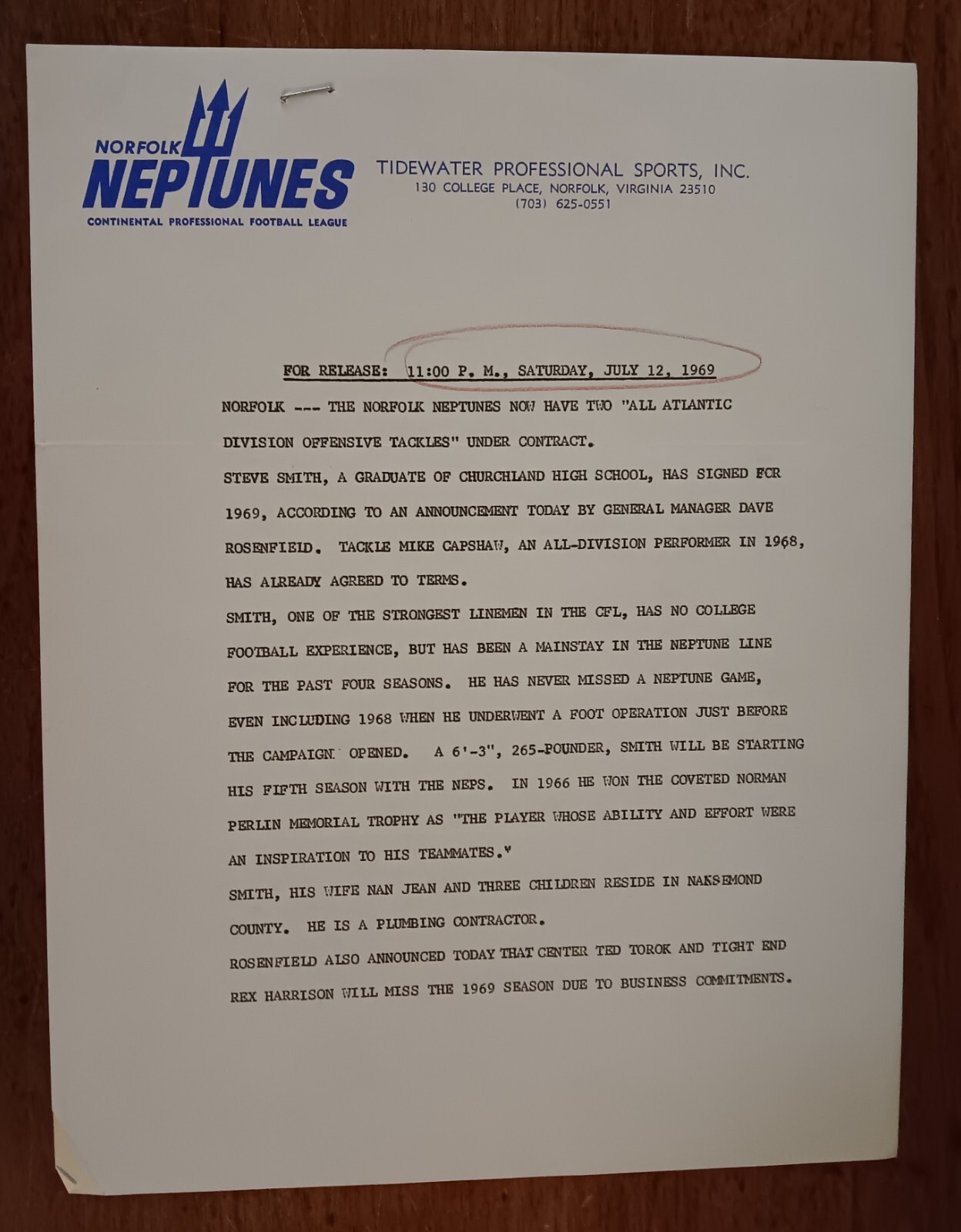 1969 Norfolk Neptunes official letterhead letter CFL Continental ...