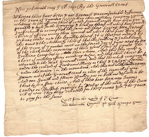 1690, New Plymouth, Mass.; Military orders to chose officers, Samuel ...