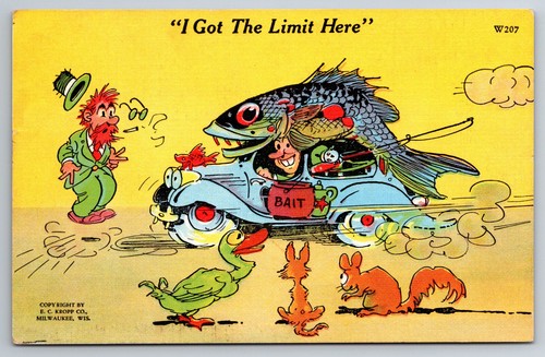 Vintage Postcard Funny Humor Cartoon Exaggerated Fish on Car Fishing ...