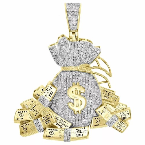 10K Yellow Gold Fn Diamond Money Bag 100 Dollar Stacks Pendant 1.85 ...