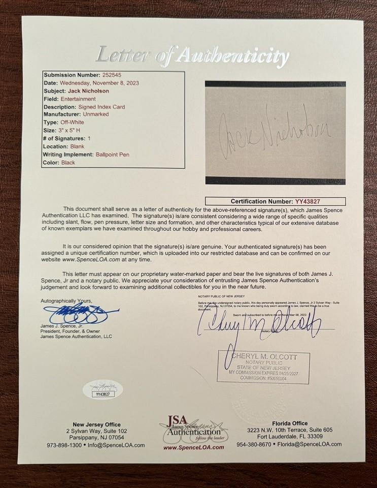 Jack Nicholson Signed Autographed 3x5 Card Full JSA Letter Batman The ...