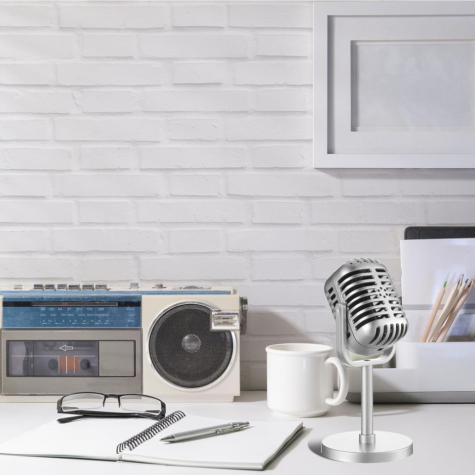 Retro Microphone Prop Model, Fake Microphone with Stand Plastic Pretend ...