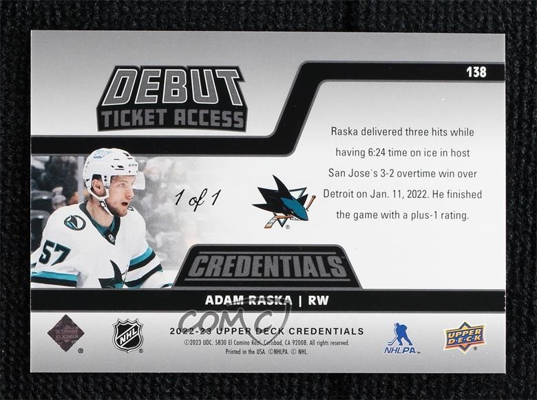 2022 Upper Deck Credentials Horizontal Black 1/1 Adam Raska #138 Rookie ...