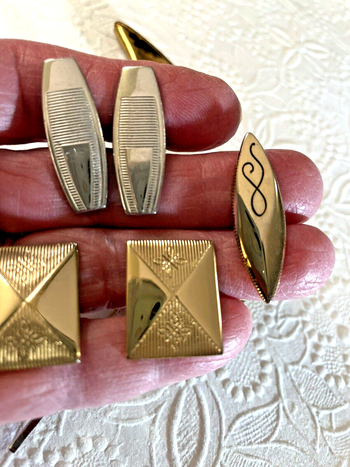 Vintage MCM Art Deco Style Cufflinks 3 Pair & 2 Tie Clasps Goldtone ...