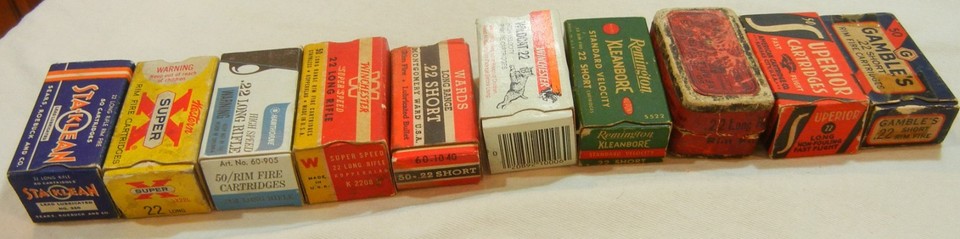 10 Vintage Winchester, Remington, Western Gambles, etc .22 ammo boxes ...