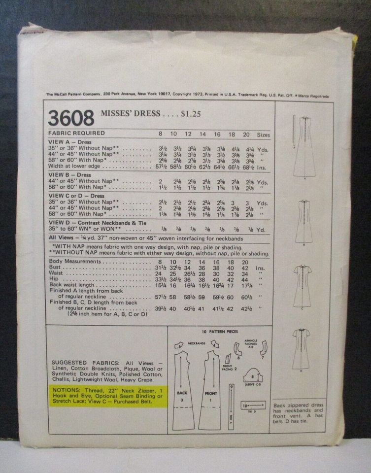 Vintage McCall's Pattern 3608 Miss Size 8 Bust 31.5" Dress 3 Lengths ...