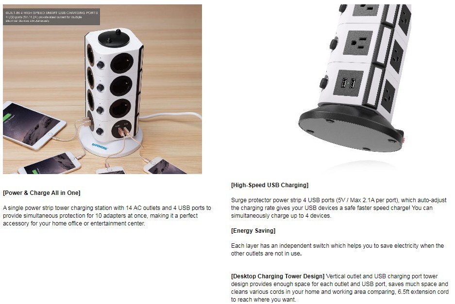 NIB SAFEMORE 14 Outlet Vertical Charging Stacker Station, 4USB Ports ...