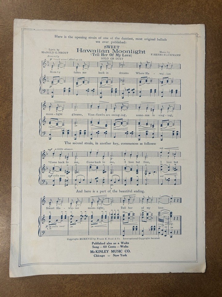 WEEPING WILLOW LANE HAROLD G FROST F HENRI KLICKMANN VINTAGE SHEET ...