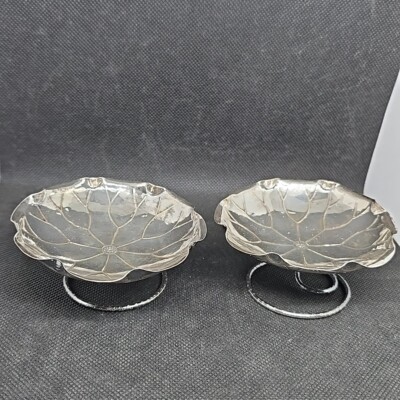 2 Chinese Export Silver Lotus Flower Bon Bon Bowl Dessert Pair Stem ...