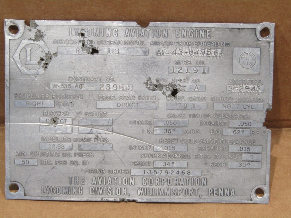 WW2 era Lycoming Aviation Aircraft Engine Data Plate | eBay