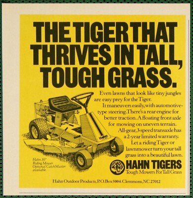 Hahn Tiger Rear Engine Riding Lawn Mower Clemmons NC Vintage Print Ad ...