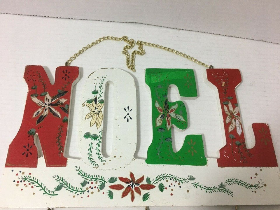 Christmas NOEL Wooden Wall Hanging Sign With Bells Hand Painted 12" x 7 ...