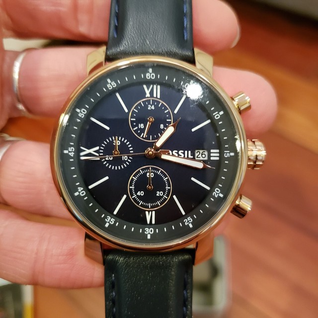 Fossil Rhett 42mm Rose Gold Tone Stainless Steel Case with Navy Leather ...