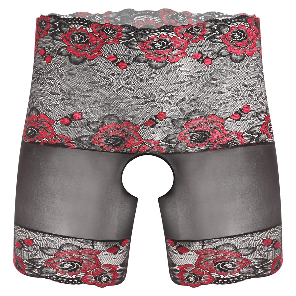 Mens Glossy Sheer Boxer Shorts or Sheath with Opening Floral Lace Trim ...