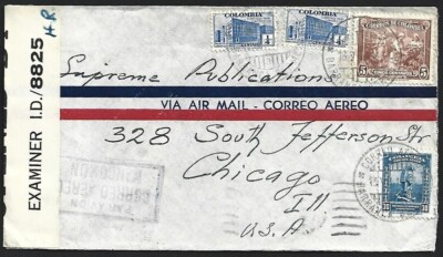 Colombia WW2 1943 registered censored cover wi JAMAICA transit censor I ...