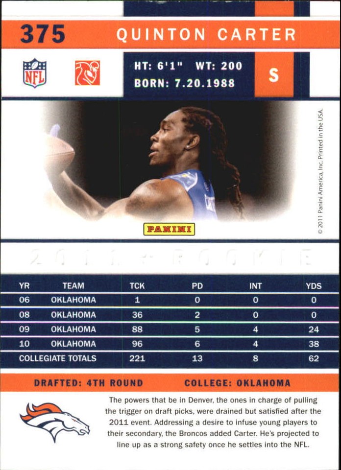 2011 Score Gold Zone Denver Broncos Football Card #375 Quinton Carter ...