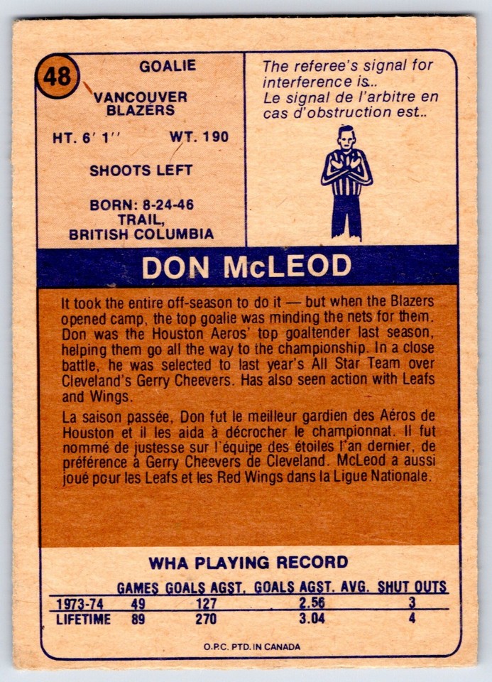 DON McLEOD RC 1974-75 O-PEE-CHEE WHA 74-75 NO 48 VGEX+ 46700 | eBay