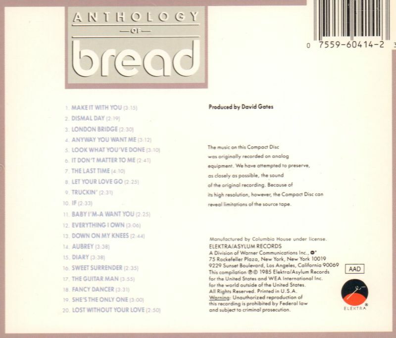 Bread(CD Album)Anthology Of Bread-Elektra-E2 60414-US-1985-VG ...