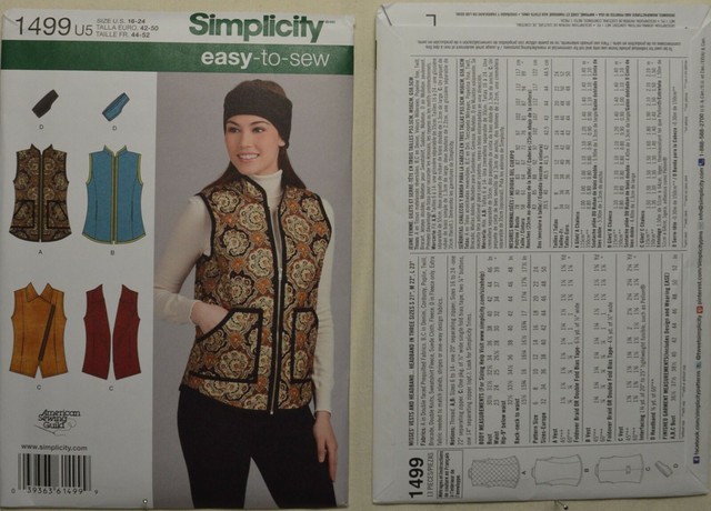 Simplicity 1499 Easy to Sew Misses Vests Headband Sewing Pattern 1062 ...