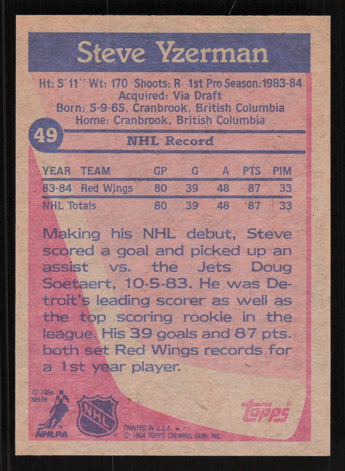 1984-85 Topps #49 Steve Yzerman RC Rookie Card TCCCX | eBay