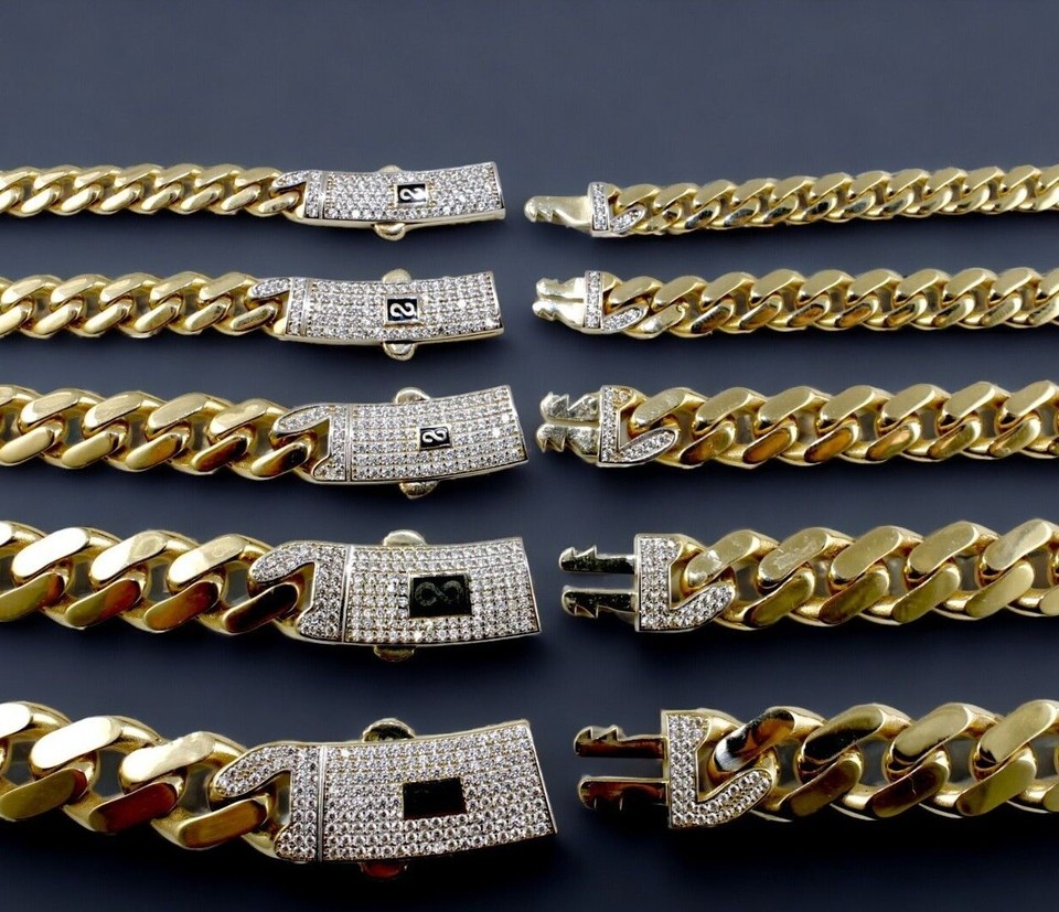 14K Yellow Gold Monaco Miami Cuban Link Chain Necklace CZ Pave 5mm-13mm ...