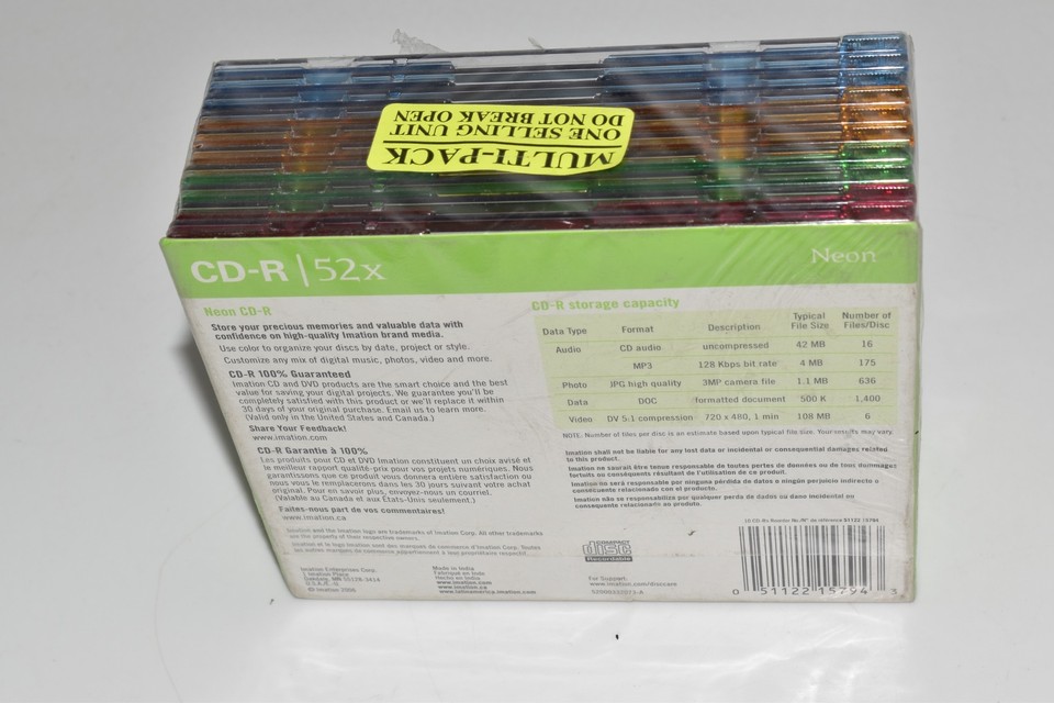 ^^ Imation Neon CD-R 10 Discs 1x-52x 700mb -New and Sealed (LWL44) | eBay