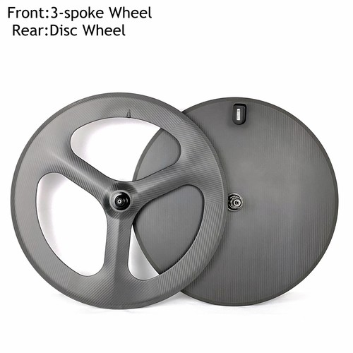 700C Track/Road Bike Carbon Wheels Three Spoke/ Disc Wheel Set Clincher ...