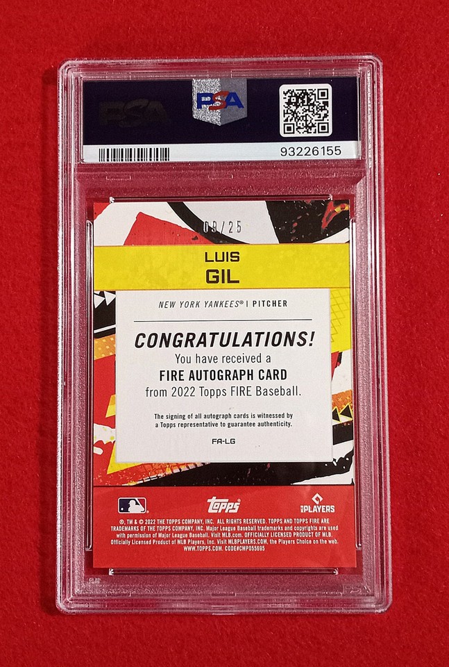 2022 TOPPS FIRE MAGENTA AUTO 9/25 RC Luis Gil #LG POP 1 PSA 9 MINT ( 0 ...