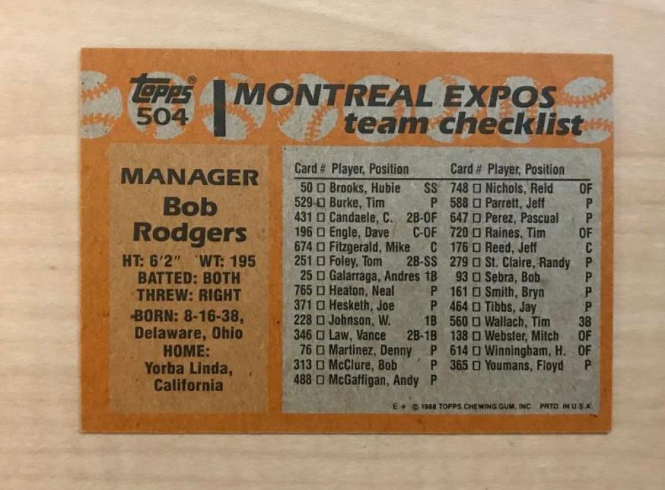 BOB RODGERS MONTREAL EXPOS SIGNED AUTOGRAPHED 1988 TOPPS CARD #504 W ...