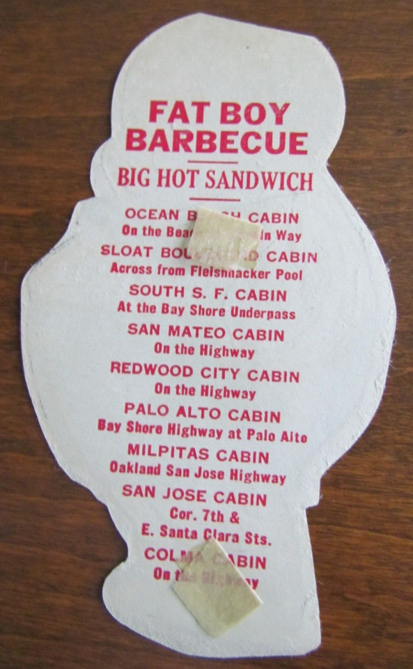 VINTAGE ORIGINAL, FAT BOY BARBECUE BIG HOT SANDWICH, LOCATIONS, PAPER ...