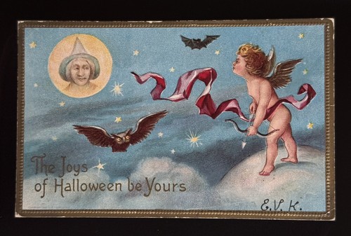 H191 Antique Halloween Postcard Cupid Bat Witch Owl Moon Joys Ribbon ...