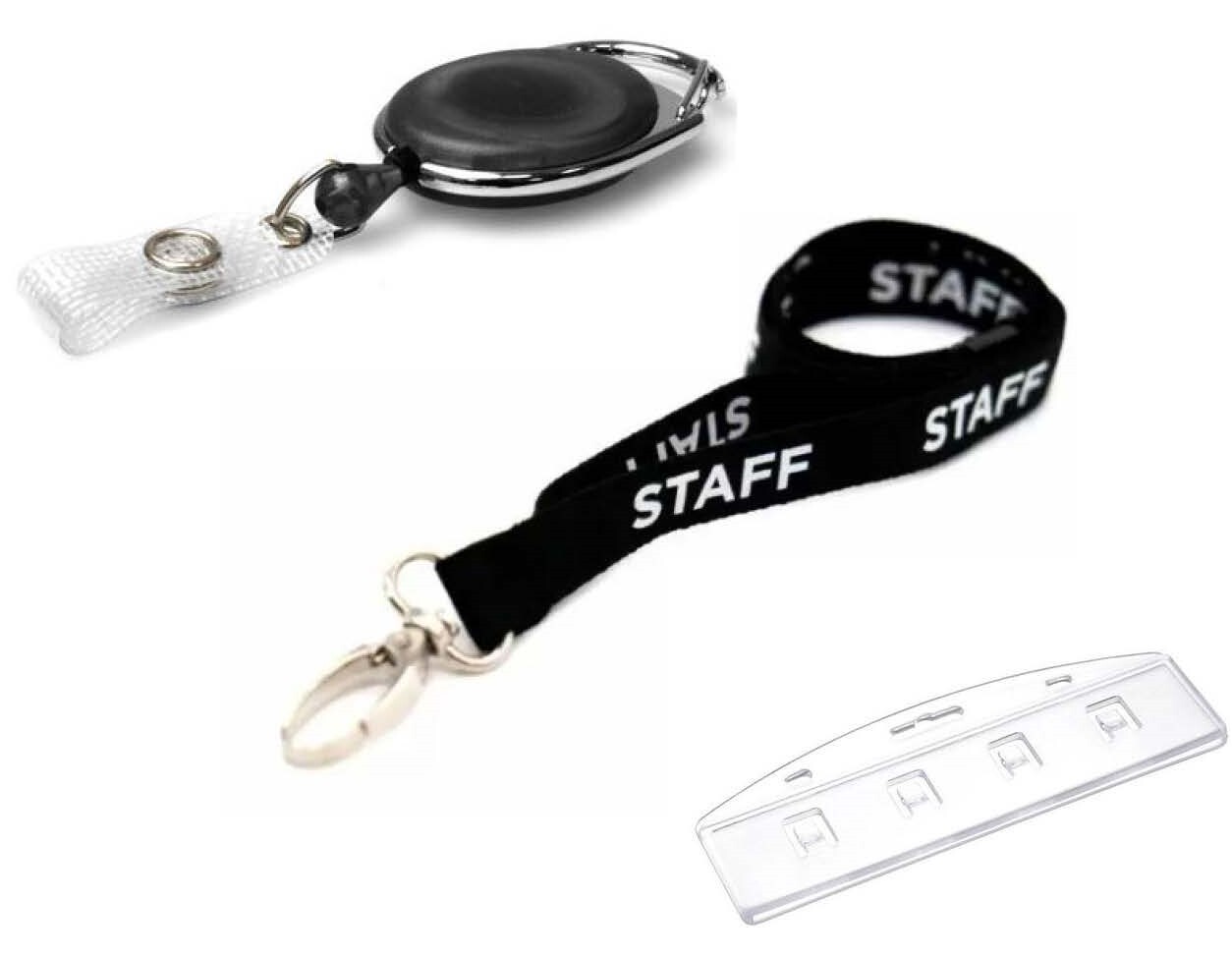 STAFF Lanyard Black Neck Strap Metal Clip & Retractable Reel & Swipe ...
