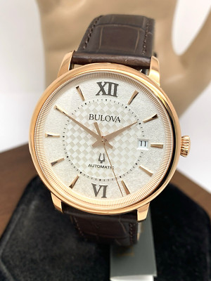 Bulova Men's Watch 97B225 Hudson Automatic Rose Gold Brown Leather ...