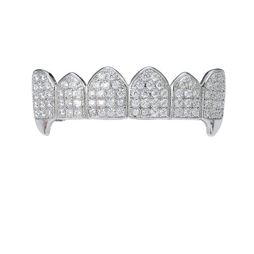 14K Gold Plated CZ Teeth Grillz Hip Hop Top Bottom Mouth Silver Grill ...