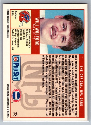 Will Wolford 1989 Pro Set FOOTBALL #33 Buffalo Bills RC | eBay