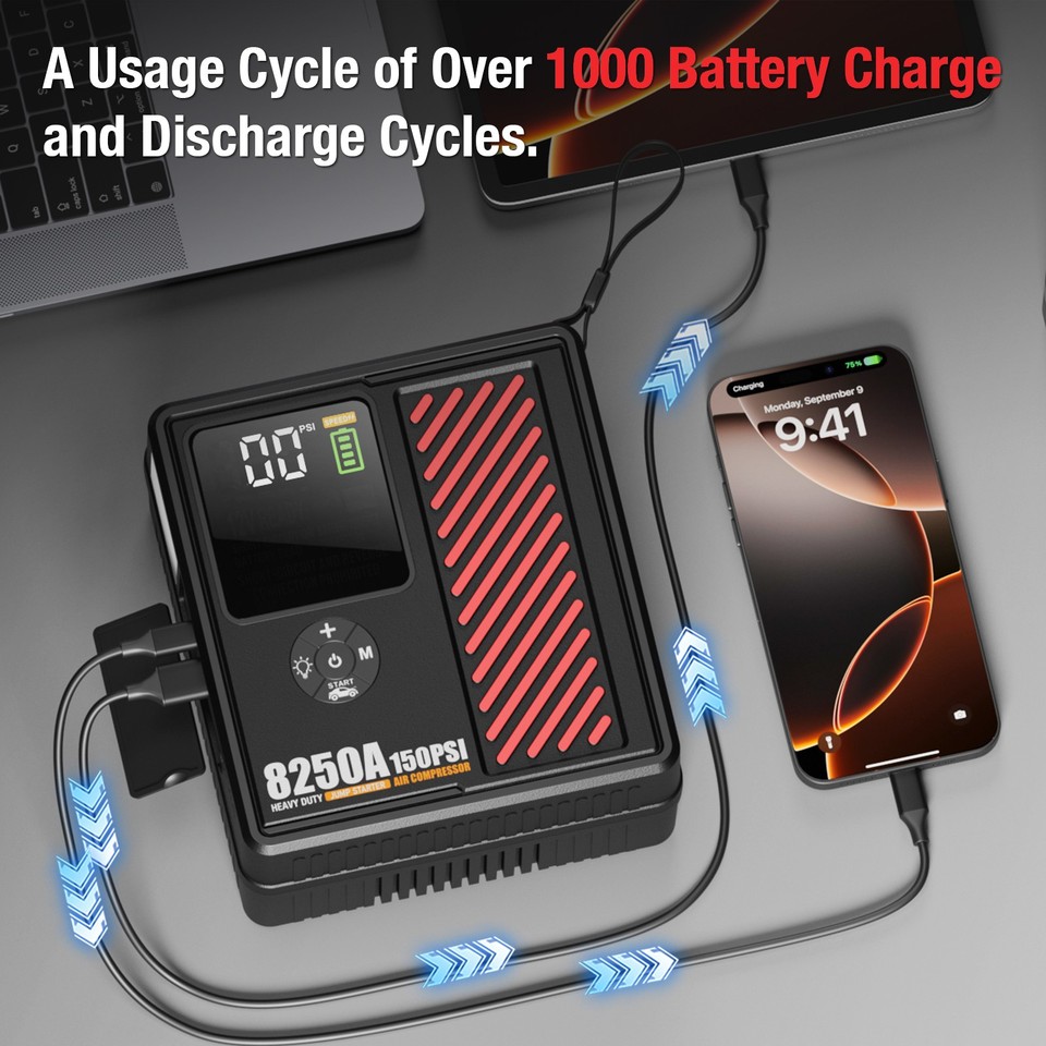 8250A Peak Car Battery Jump Starter Portable Battery Booster 12V Power ...