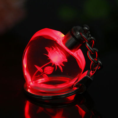 Crystal LED Laser Engraving Rose Heart Light Pendant Key Chain Key Ring ...