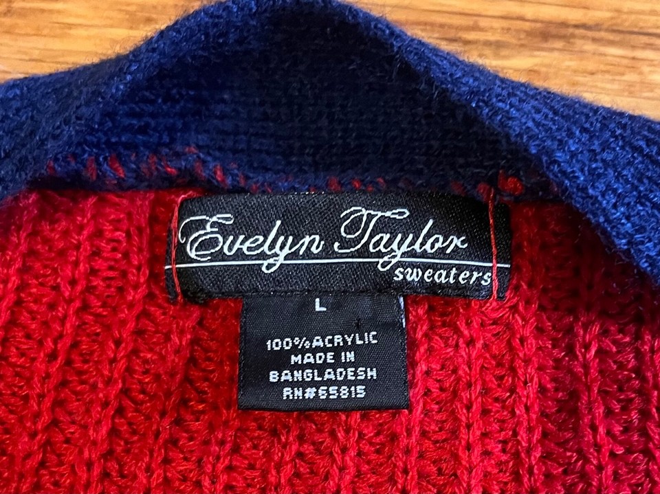 Evelyn Taylor Long Cardigan Sweater Women's Large Red White Blue | eBay