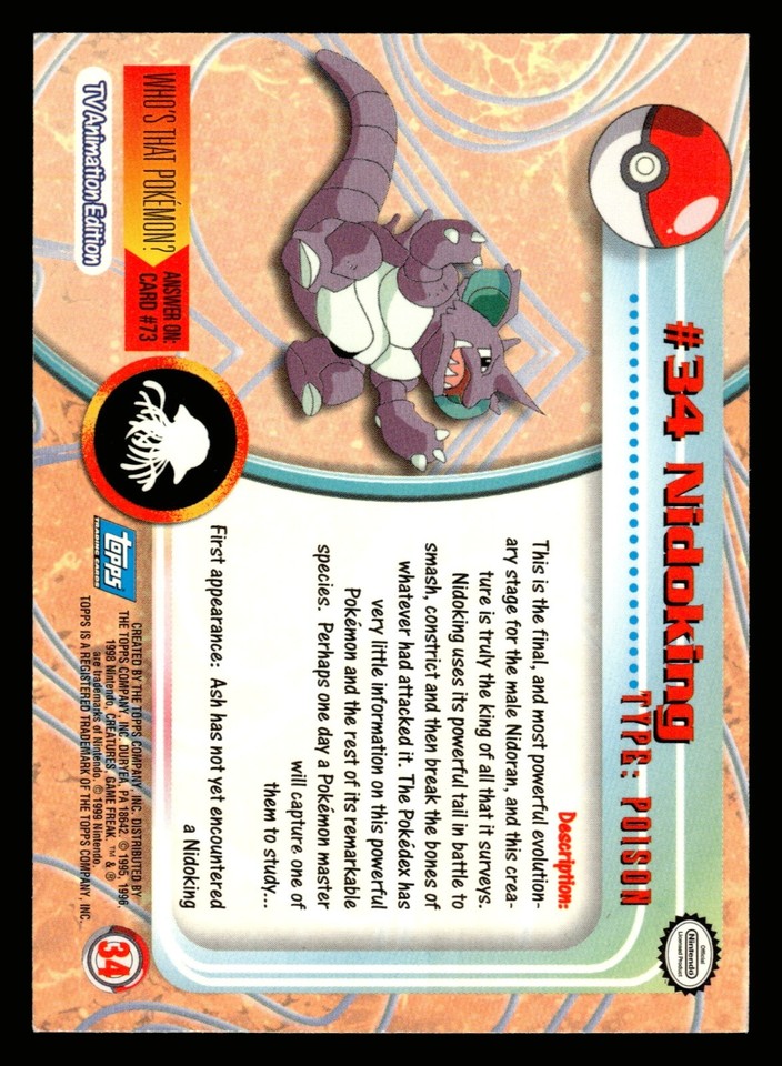 Pokemon Topps TV Animation Edition #34 Nidoking Blue Logo Card | eBay
