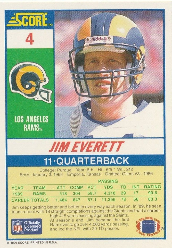 Jim Everett 1990 Score #4 Los Angeles Rams NFL Card- Free Shipping | eBay