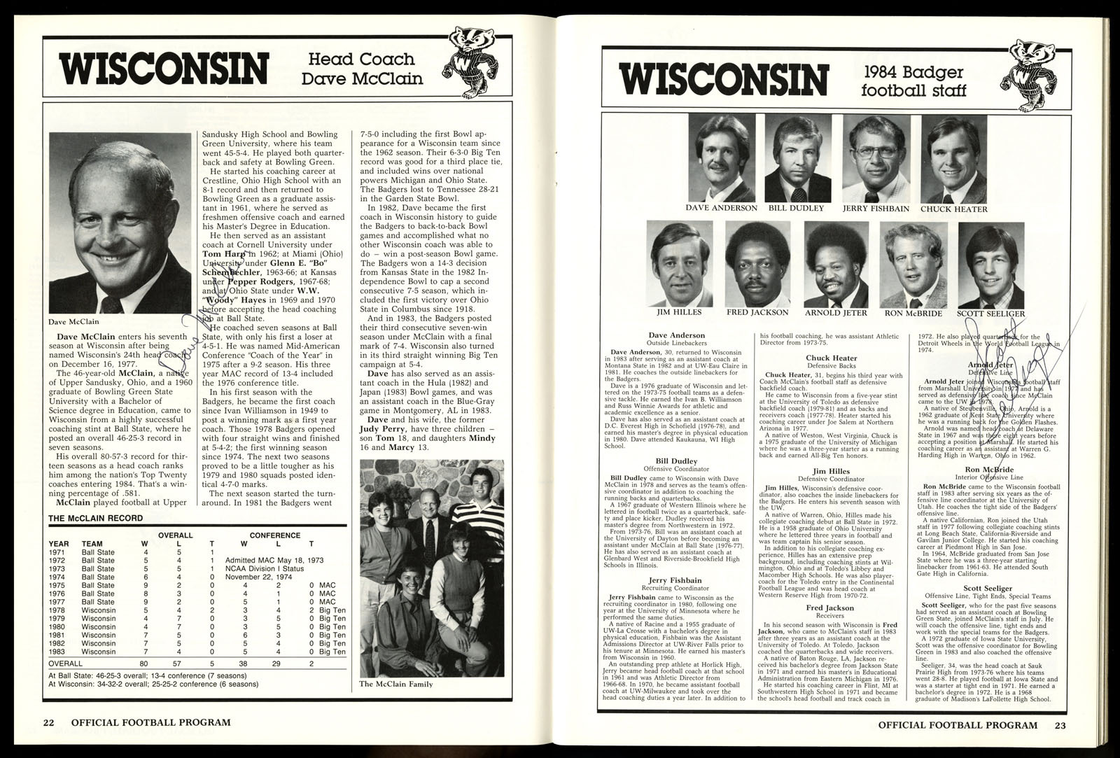 1984 AUTOGRAPHED WISCONSIN FOOTBALL PROGRAM~DAVE McCLAIN (d. 1986 ...