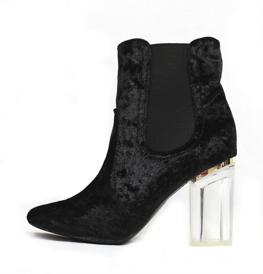 Round Toe Velvet Suede Clear Perspex Lucite Heel Ankle Women's Dress ...