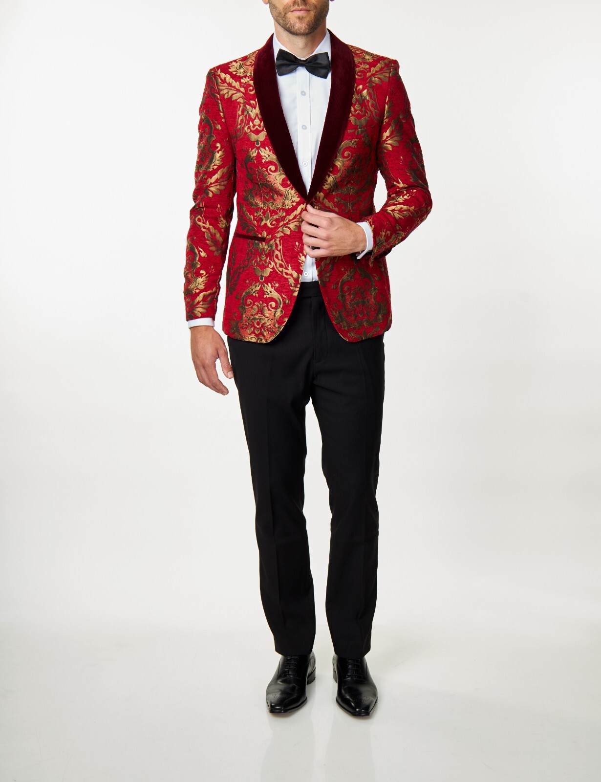 Mens Gold Brocade Paisley Print on Crimson Red Jacquard Jacket Tailored ...