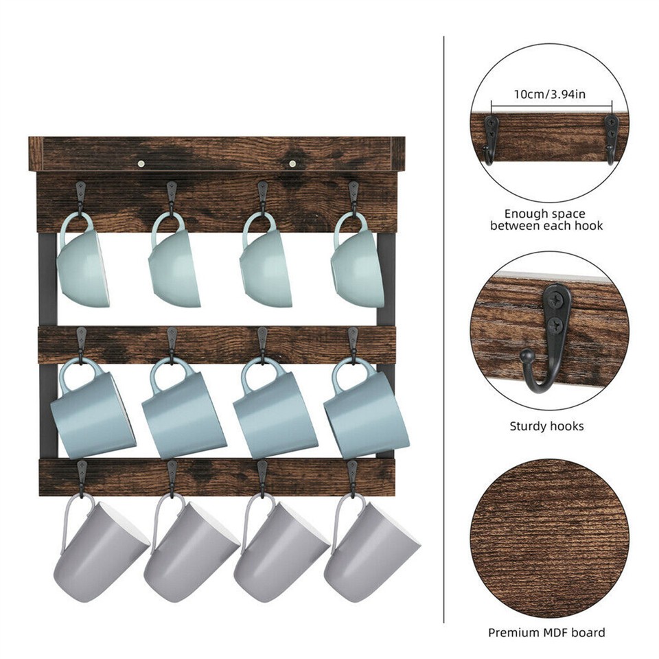 Rustic Distressed Wooden Mug Rack Wall Mounted with Shelf 12 Coffee Cup ...