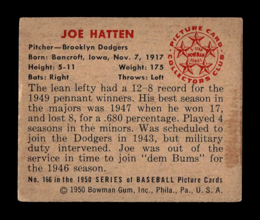 1950 Bowman BASEBALL # 166 Joe Hatten Very Good TheVintageCards | eBay